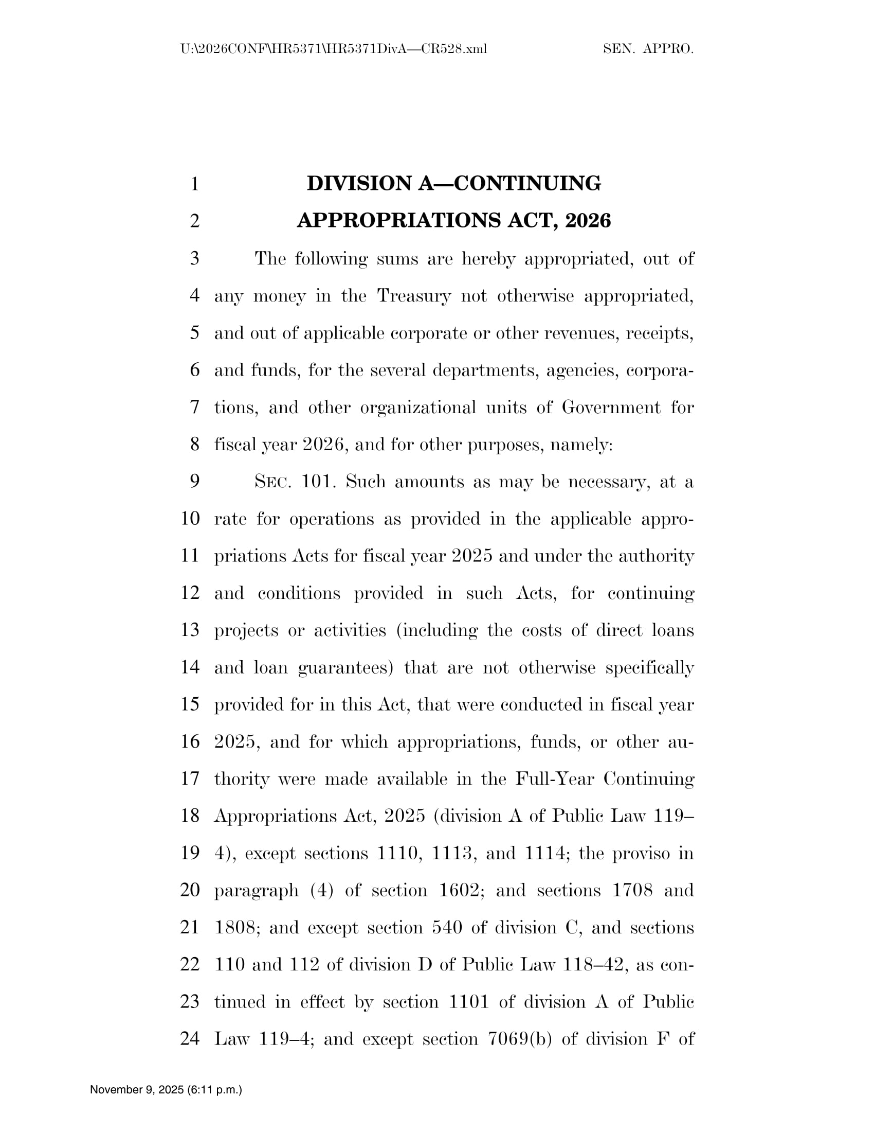 TEXT: Bill text of Continuing Appropriations Act, 2026 - Indianz.Com