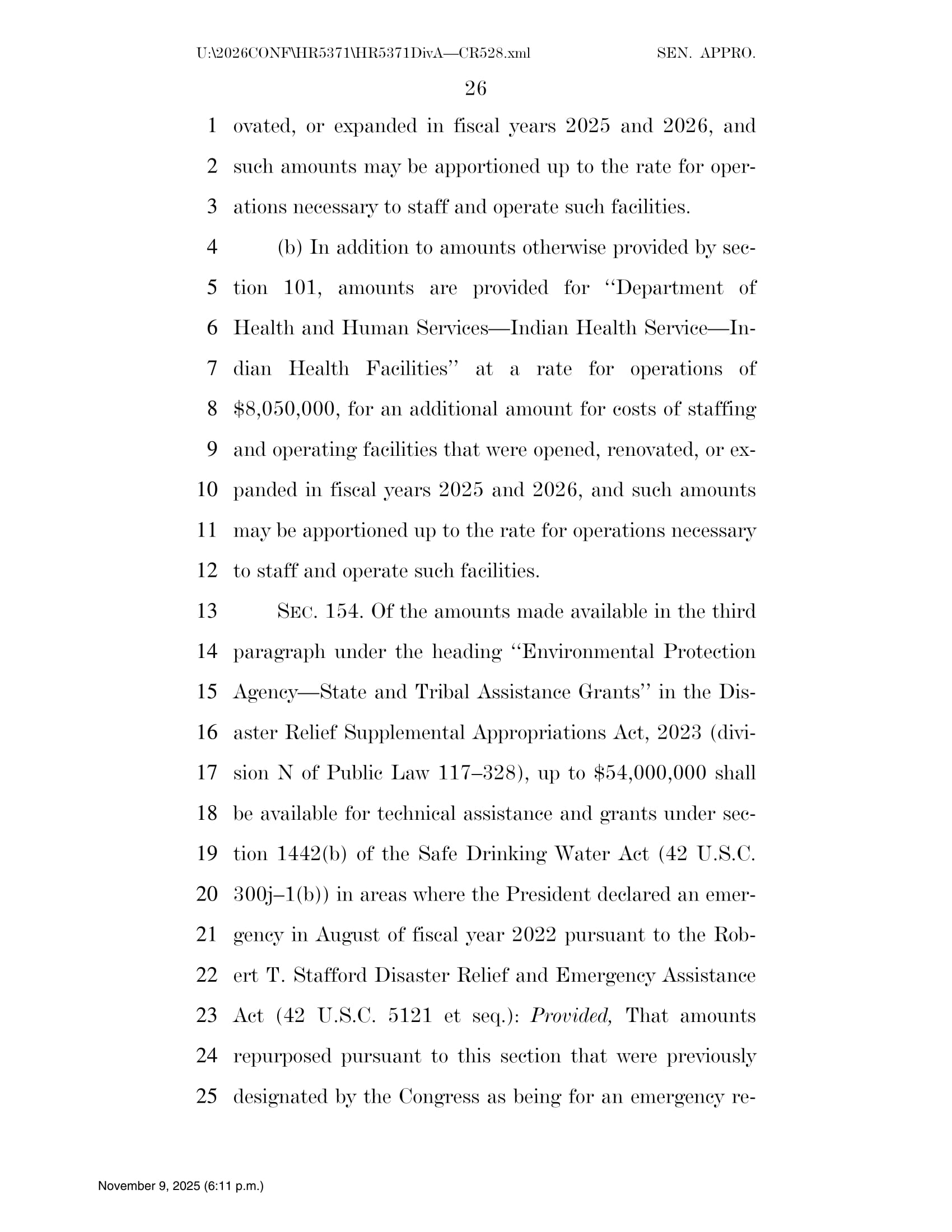 TEXT: Bill text of Continuing Appropriations Act, 2026 - Indianz.Com